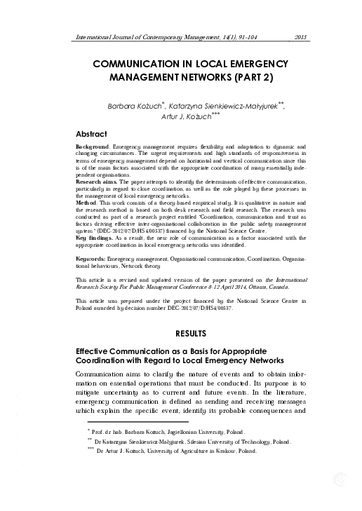 (PDF) Communication in Local Emergency Management Networks (part 1)