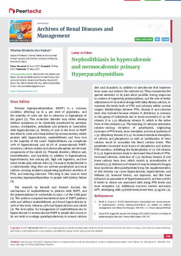 (PDF) Nephrolithiasis in hypercalcemic and normocalcemic primary Hyperparathyroidism