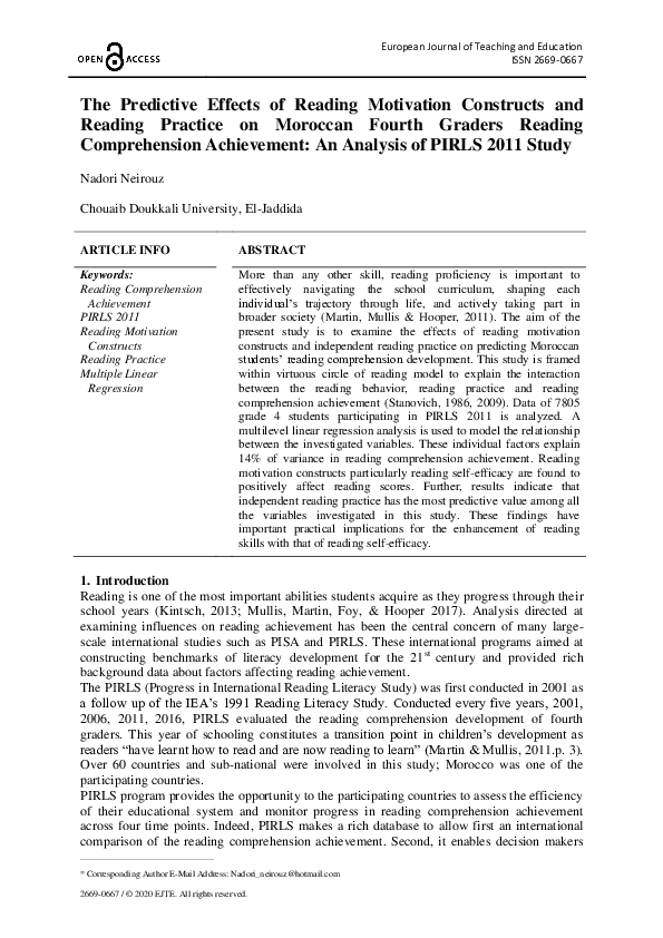 (PDF) The Predictive Effects of Reading Motivation Constructs and Reading Practice on Moroccan ...