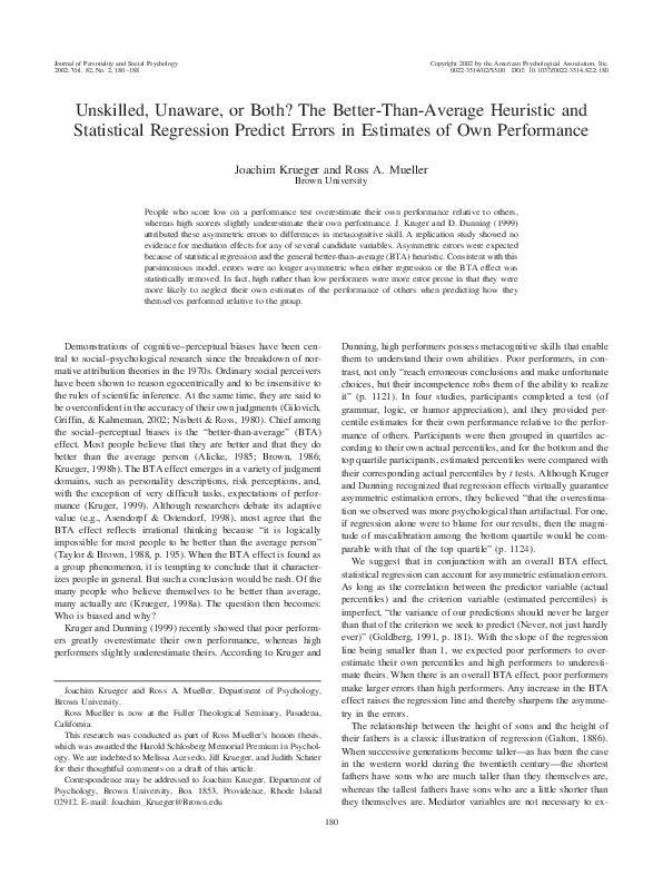 Pdf Unskilled Unaware Or Both The Better Than Average Heuristic And Statistical Regression