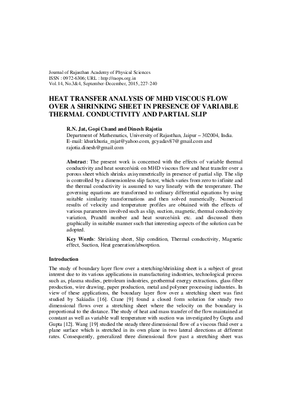 (PDF) Heat Transfer Analysis of MHD Viscous Flow Over a Shrinking Sheet in Presence of Variable ...