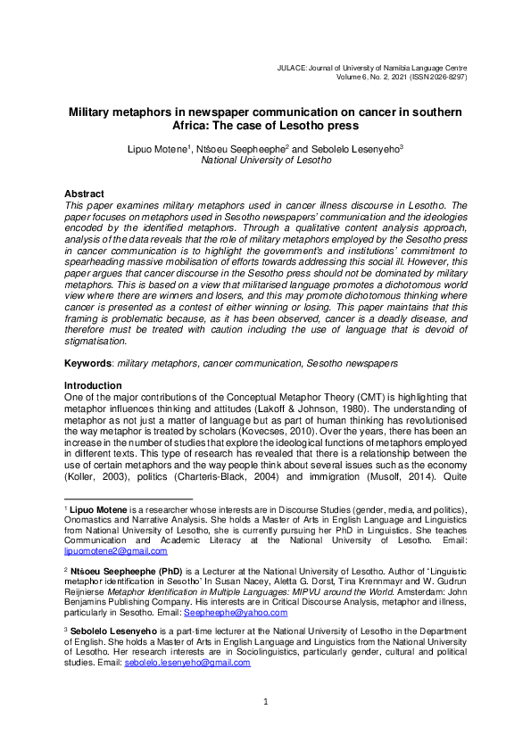 (PDF) Military metaphors in newspaper communication on cancer in ...