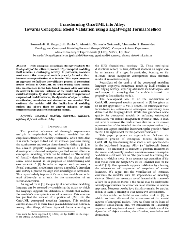 (PDF) Transforming OntoUML into Alloy: towards conceptual model validation using a lightweight ...