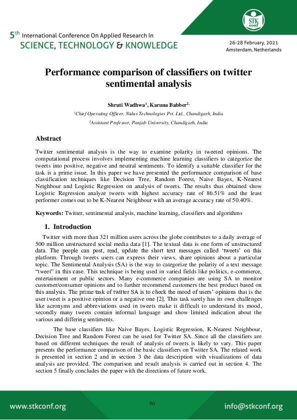 Pdf Performance Comparison Of Classifiers On Twitter Sentimental Analysis