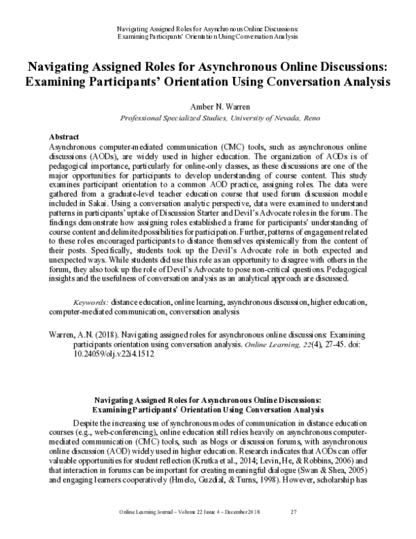 (PDF) Navigating assigned roles for asynchronous online discussions: Examining participants ...