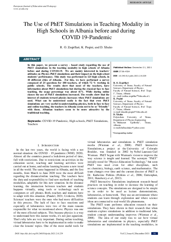 (PDF) The Use of PhET Simulations in Teaching Modality in High Schools in Albania before and ...