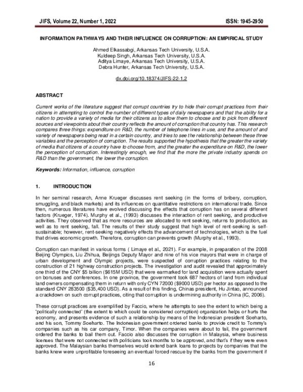 (PDF) INFORMATION PATHWAYS AND THEIR INFLUENCE ON CORRUPTION: AN EMPIRICAL STUDY
