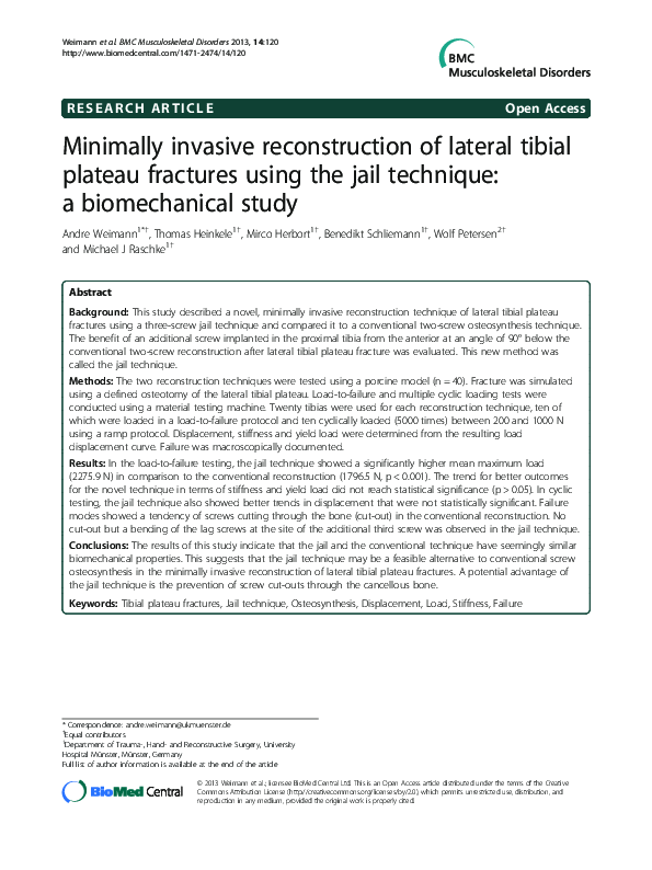(PDF) Minimally invasive reconstruction of lateral tibial plateau ...