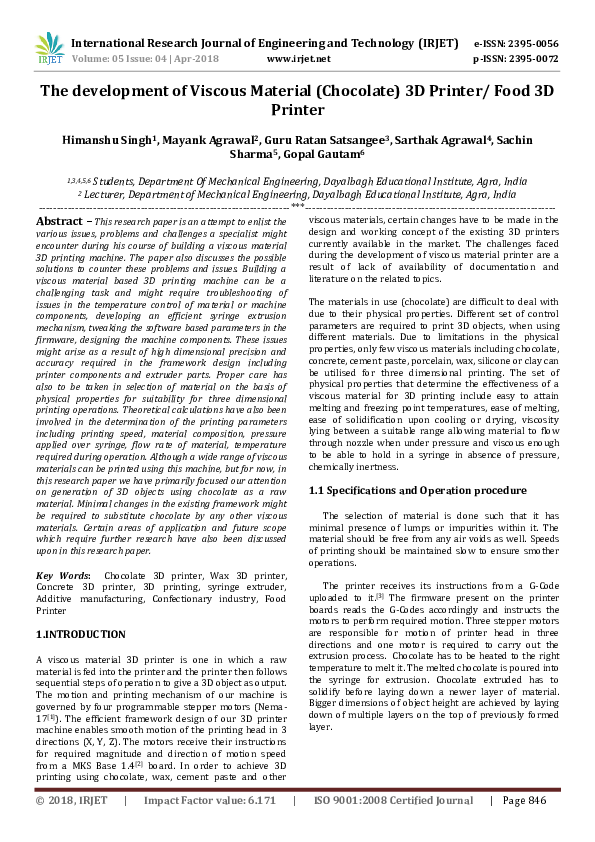 (PDF) The development of Viscous Material (Chocolate) 3D Printer/ Food 3D Printer