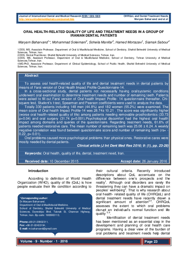 (PDF) Oral Health-Related Quality of Life and Treatment Needs in a ...