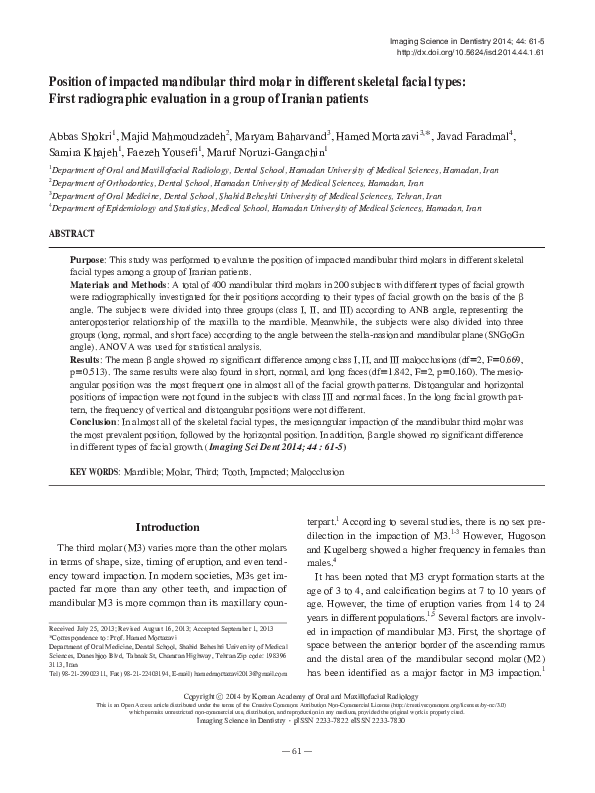 Pdf Position Of Impacted Mandibular Third Molar In Different Skeletal Facial Types First