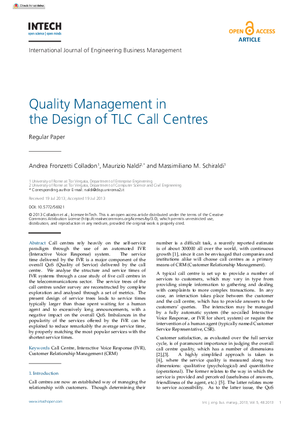 (PDF) Quality Management in the Design of TLC Call Centres