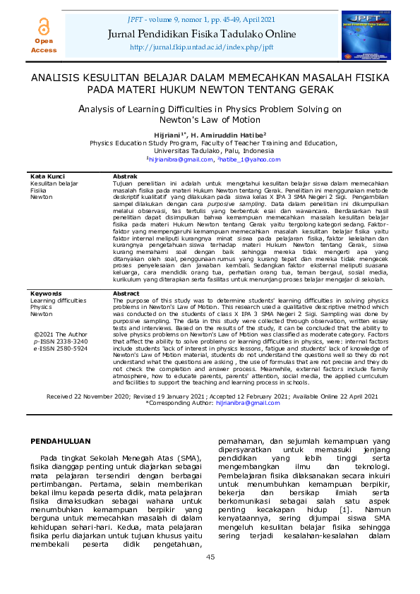 (PDF) Analisis Kesulitan Belajar Dalam Memecahkan Masalah Fisika Pada Materi Hukum Newton ...