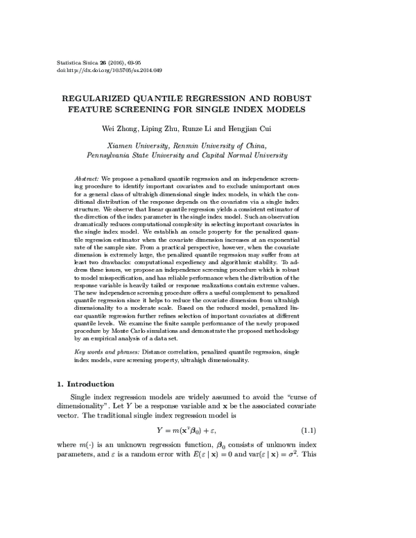 (PDF) Regularized quantile regression and robust feature screening for single index models