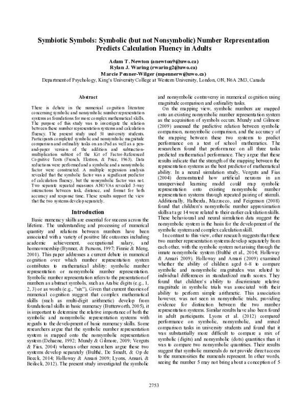 (PDF) Symbiotic Symbols: Symbolic (but not Nonsymbolic) Number Representation Predicts ...
