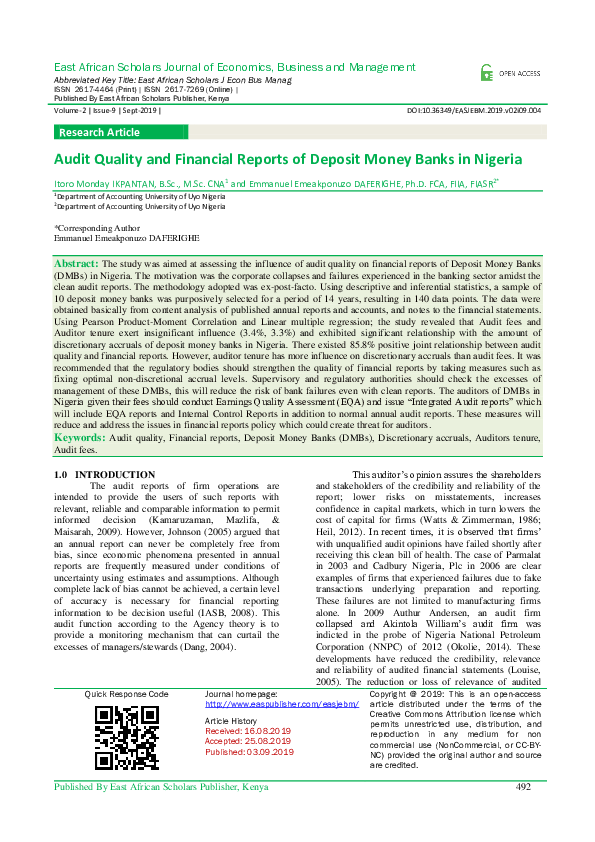 (PDF) Audit Quality and Financial Reports of Deposit Money Banks in Nigeria