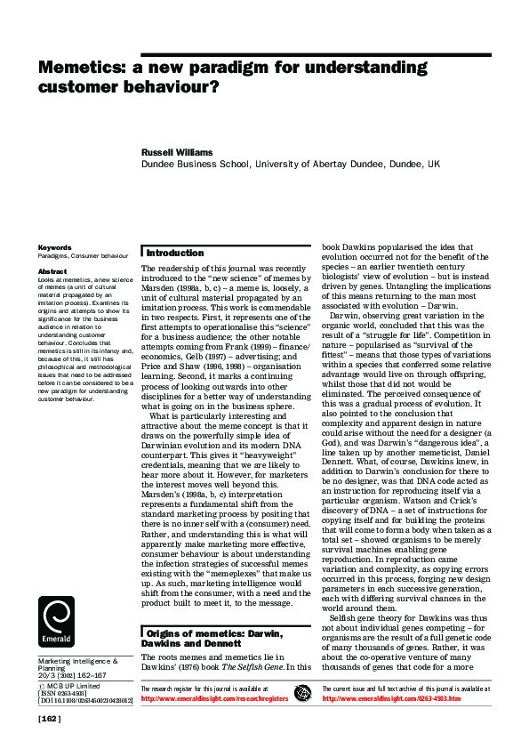 (PDF) Memetics: a new paradigm for understanding customer behaviour?