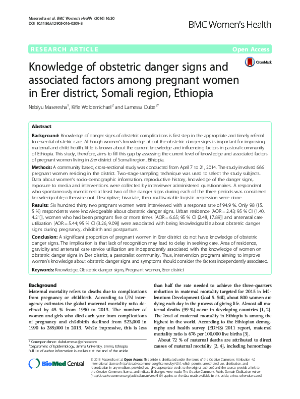 (PDF) Knowledge of obstetric danger signs and associated factors among ...