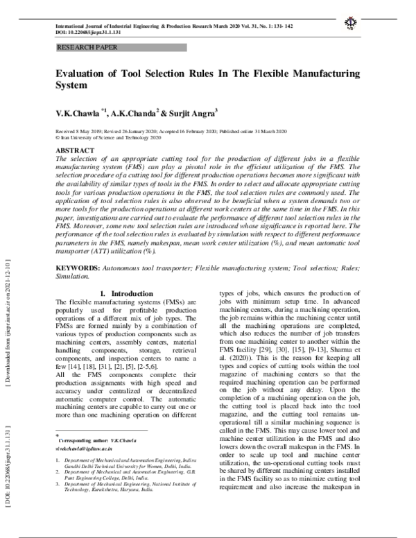 (PDF) Evaluation of tool selection rules in the flexible manufacturing ...