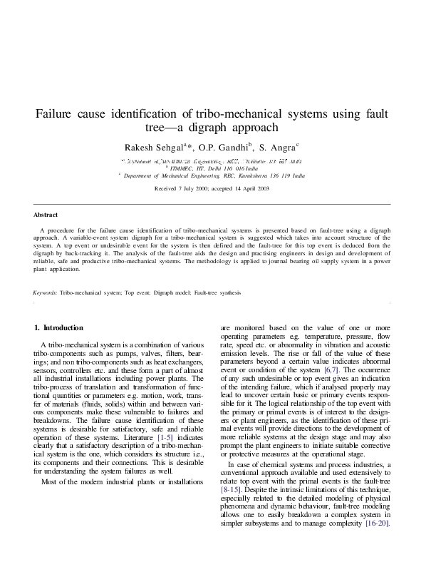 (PDF) Failure cause identification of tribo-mechanical systems using fault tree—a digraph ...