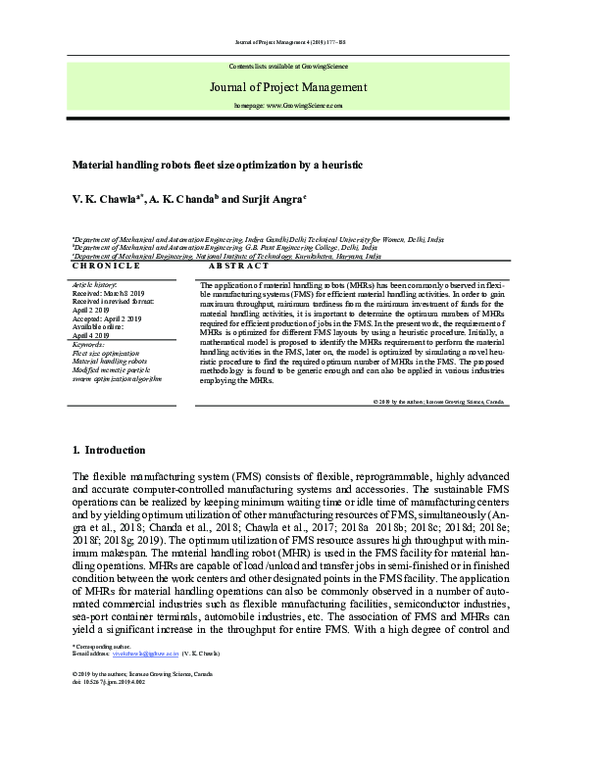 Pdf Material Handling Robots Fleet Size Optimization By A Heuristic