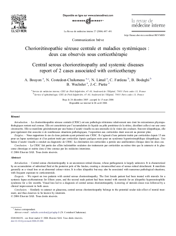 (PDF) Choriorétinopathie séreuse centrale et maladies systémiques ...