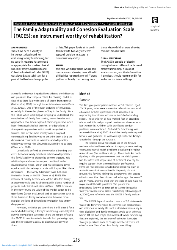 (PDF) The Family Adaptability and Cohesion Evaluation Scale (FACES): an ...