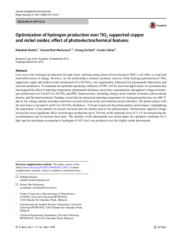 Pdf Optimization Of Hydrogen Production Over Tio2 Supported Copper