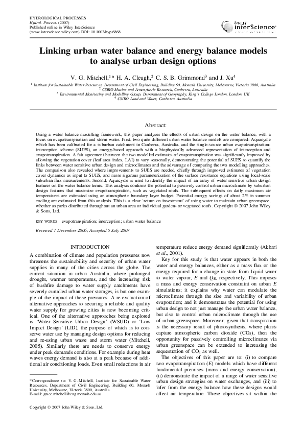 (PDF) Linking urban water balance and energy balance models to analyse urban design options