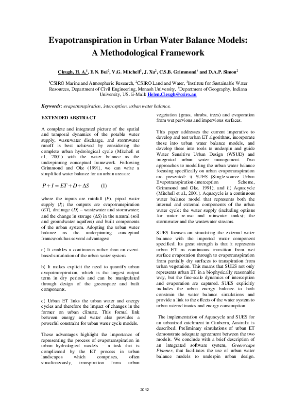 (PDF) Evapotranspiration in urban water balance models: a methodological framework
