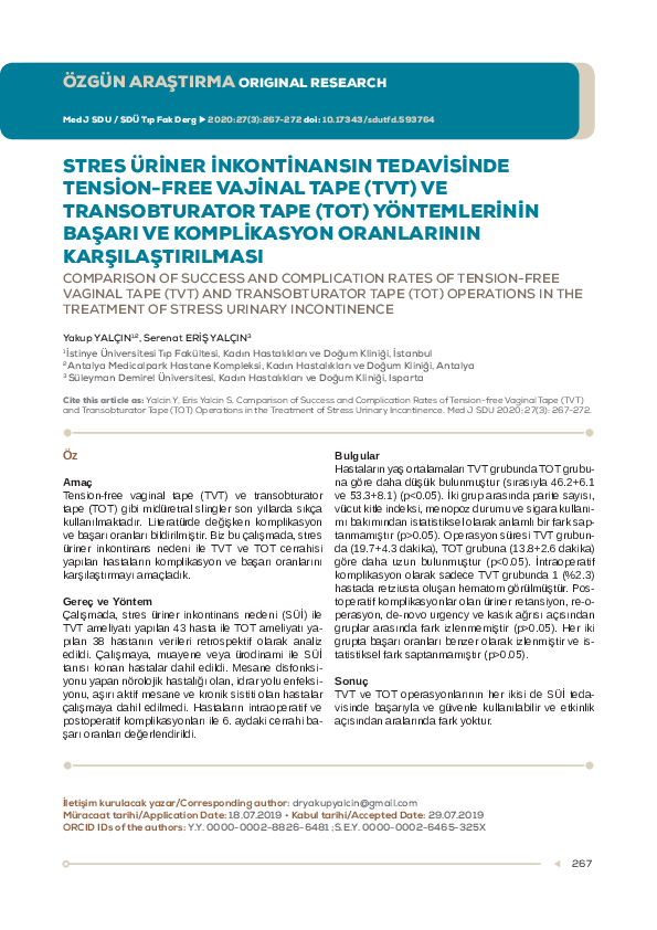 (PDF) Stres Üriner İnkontinansın Tedavisinde Tension-free Vajinal Tape ...