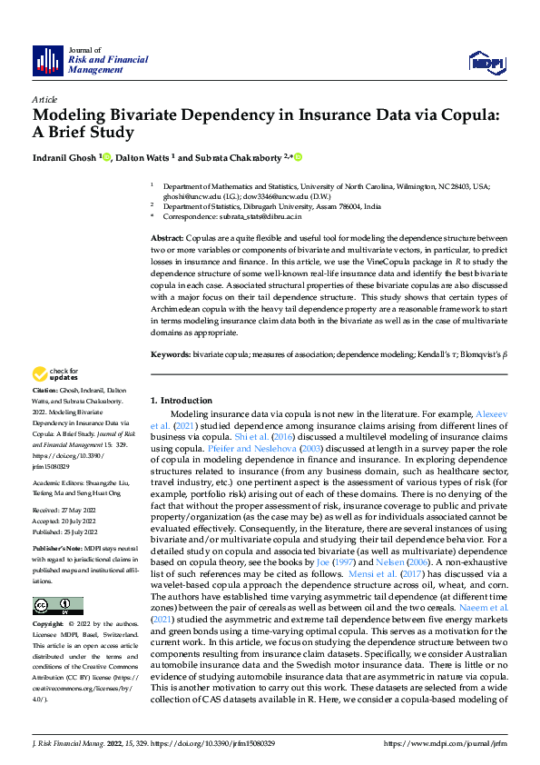 (PDF) Modeling Bivariate Dependency in Insurance Data via Copula: A Brief Study