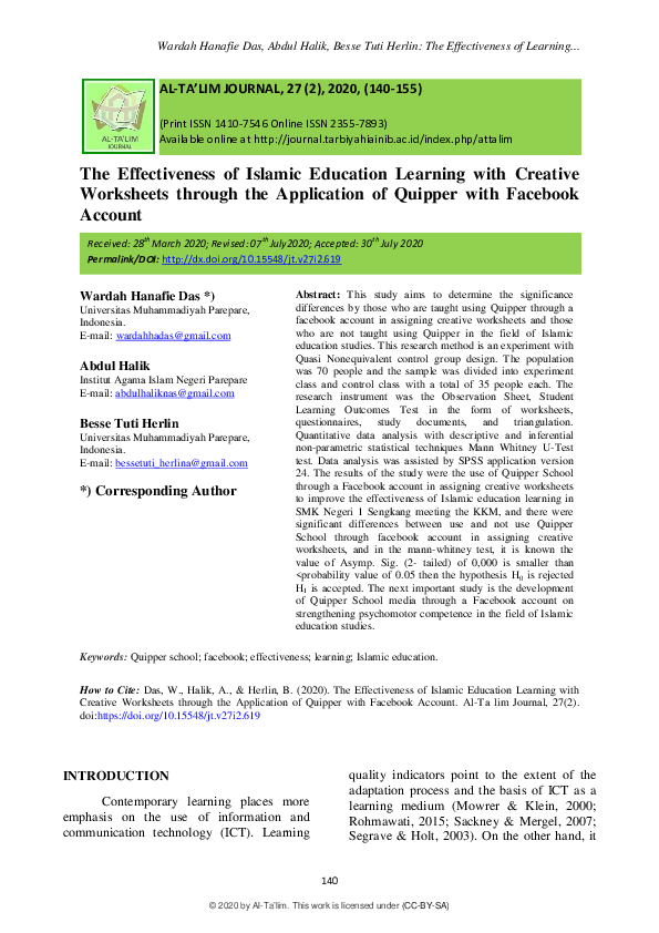 (PDF) The Effectiveness of Islamic Education Learning with Creative Worksheets through the ...