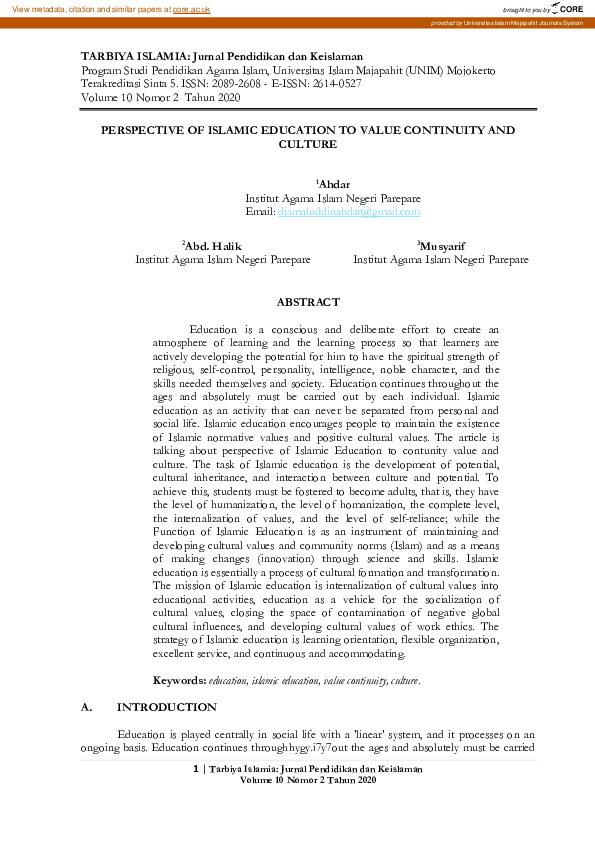 (PDF) Perspective of Islamic Education to Value Continuity and Culture