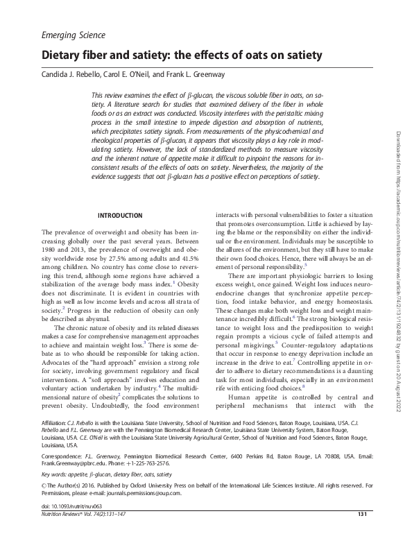 (PDF) Dietary fiber and satiety: the effects of oats on satiety
