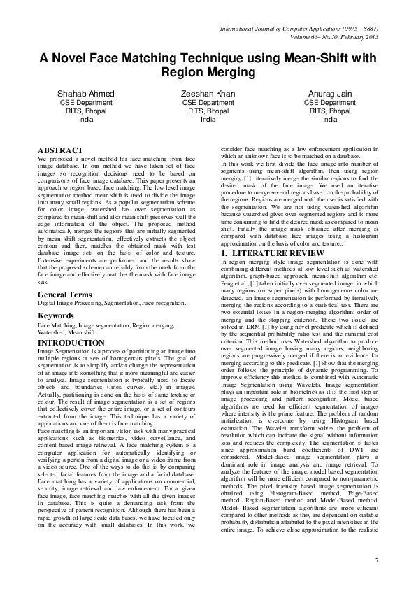 Pdf A Novel Face Matching Technique Using Mean Shift With Region Merging