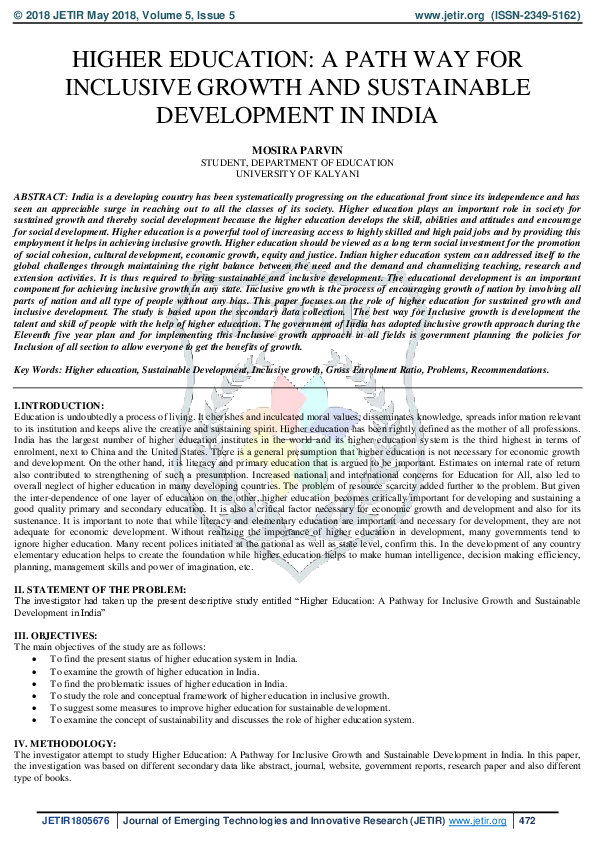 (PDF) Higher Education: A Path Way for Inclusive Growth and Sustainable ...