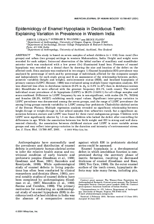 Pdf Epidemiology Of Enamel Hypoplasia In Deciduous Teeth Explaining