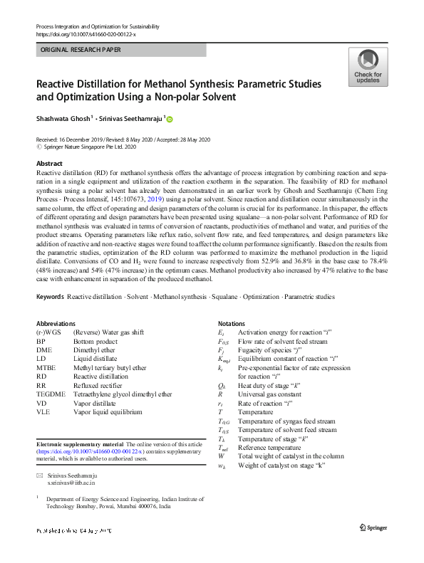 (PDF) Reactive Distillation for Methanol Synthesis: Parametric Studies and Optimization Using a ...