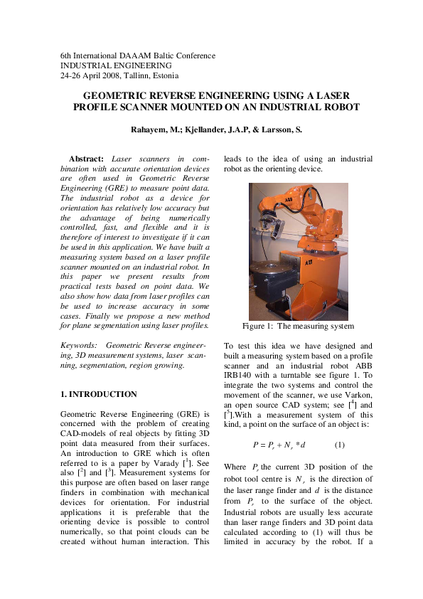 (PDF) Geometric reverse engineering using a laser profile scanner mounted on an industrial robot ...
