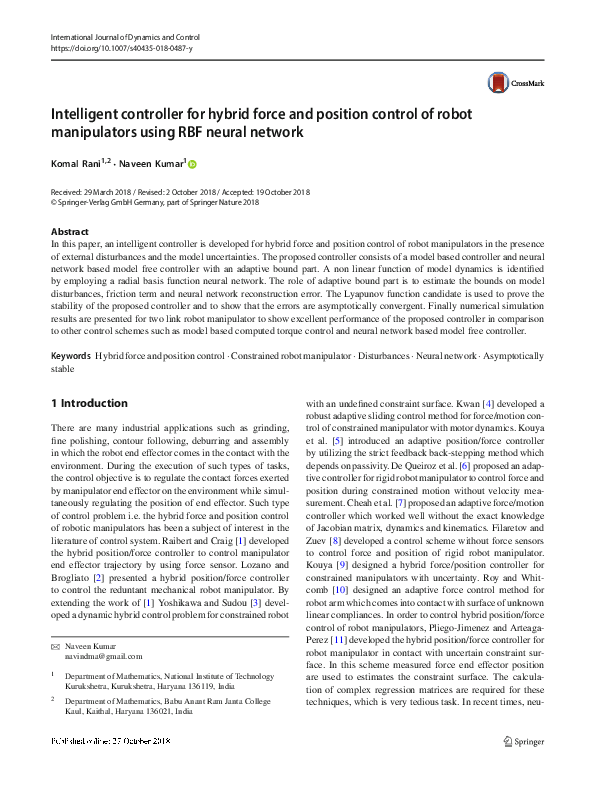Pdf Intelligent Controller For Hybrid Force And Position Control Of Robot Manipulators Using