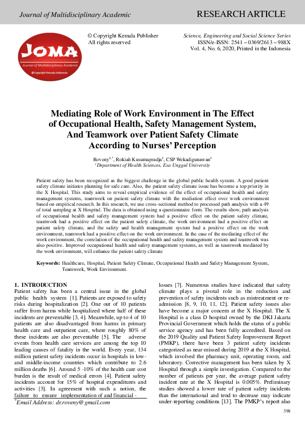 (PDF) Mediating Role of Work Environment in The Effect of Occupational Health, Safety Management ...