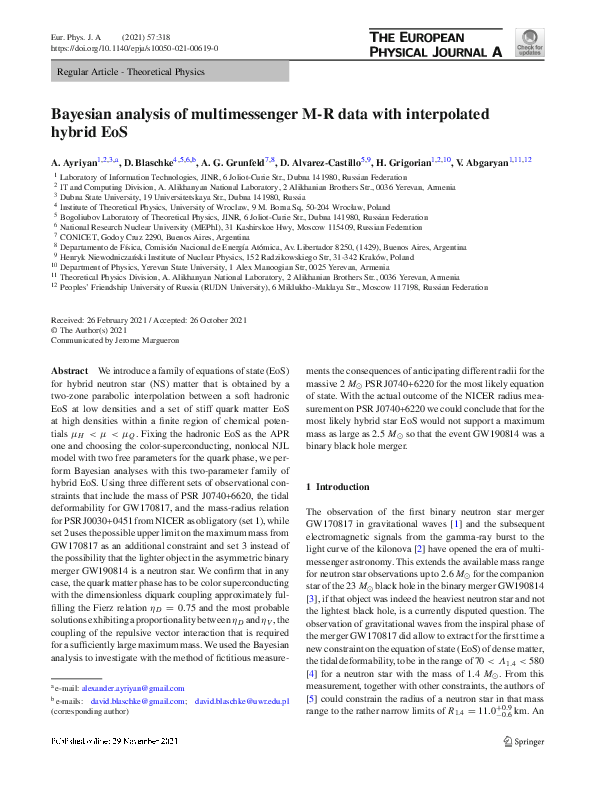 (PDF) Bayesian analysis of multimessenger M-R data with interpolated hybrid EoS