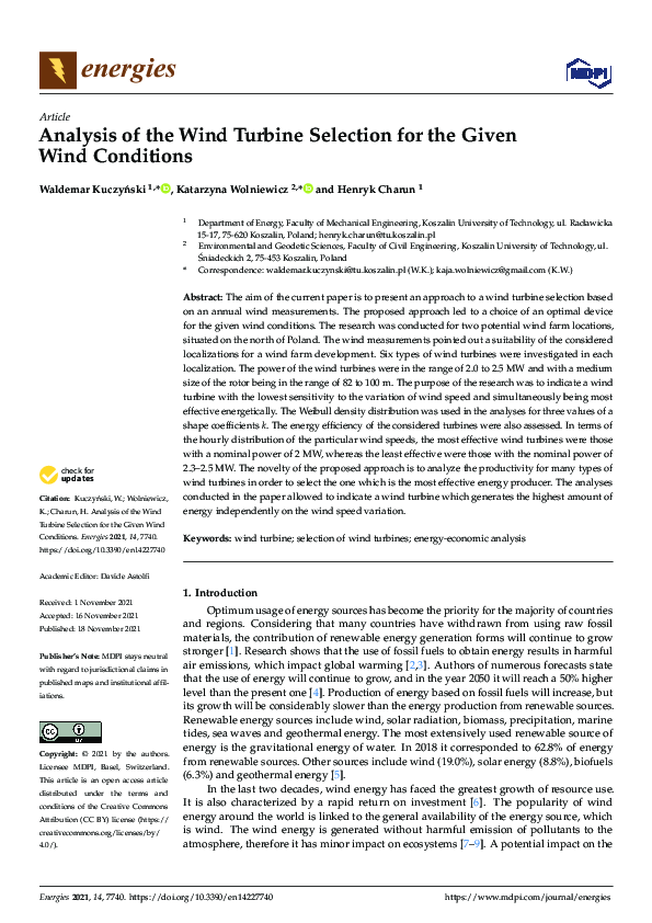 (PDF) Analysis of the Wind Turbine Selection for the Given Wind Conditions