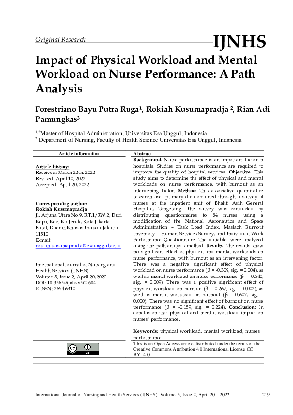 (PDF) Impact of Physical Workload and Mental Workload on Nurse Performance: A Path Analysis