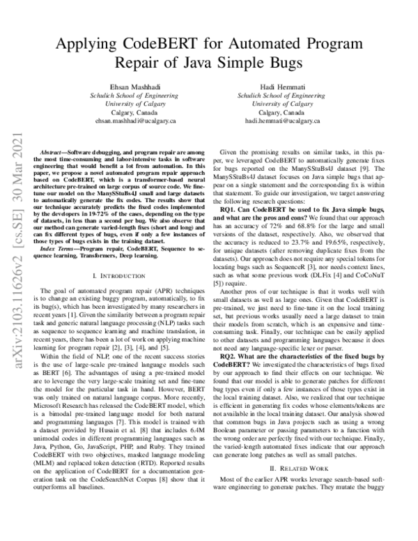 (PDF) Applying CodeBERT for Automated Program Repair of Java Simple Bugs