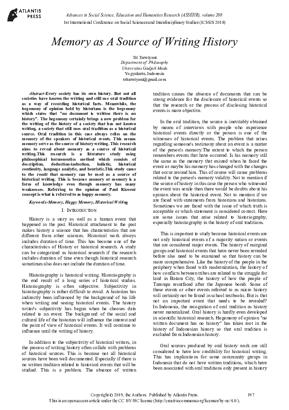 (PDF) Memory as A Source of Writing History