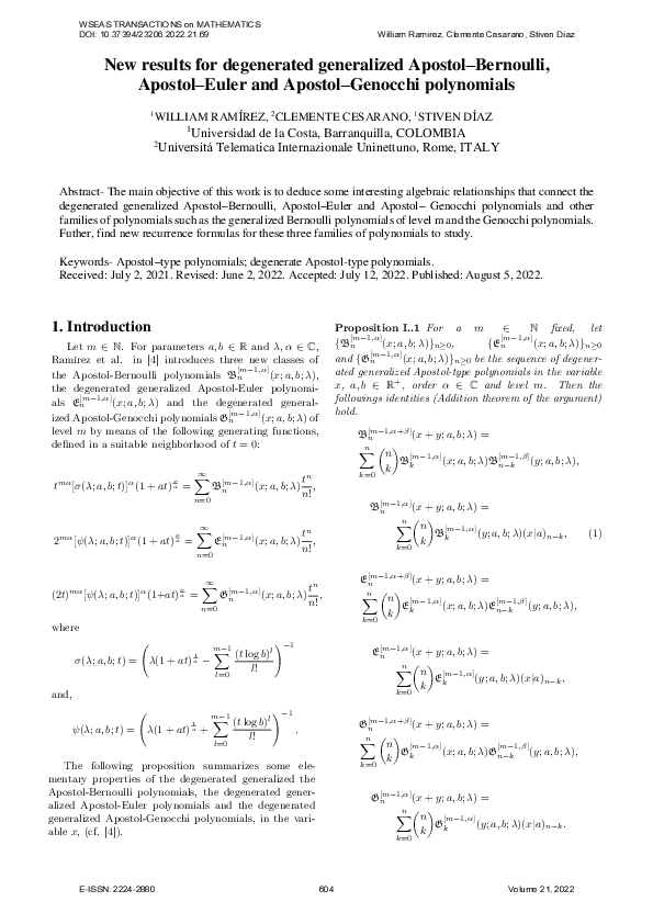 (PDF) New Results for Degenerated Generalized Apostol–bernoulli, Apostol–euler and Apostol ...