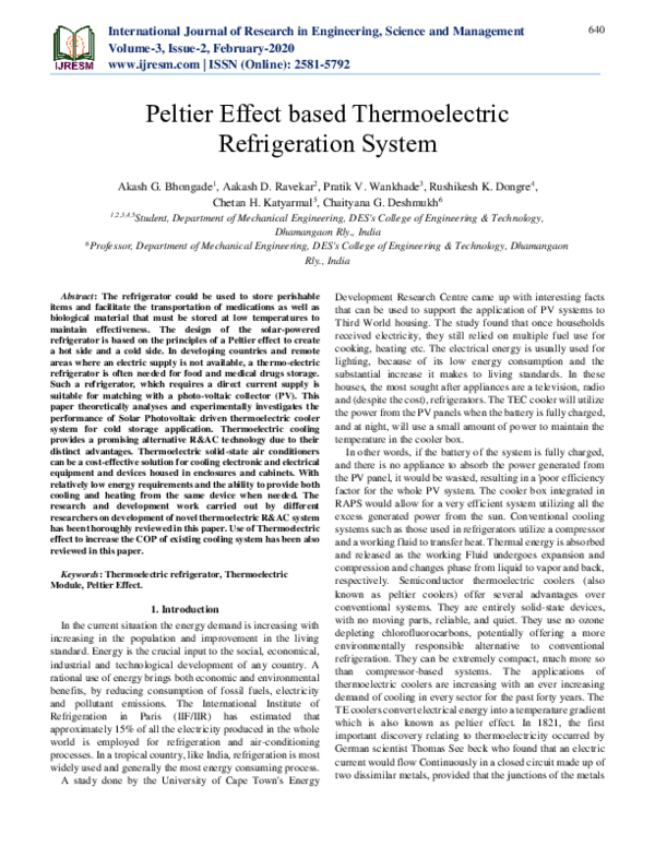 (PDF) Peltier Effect based Thermoelectric Refrigeration System