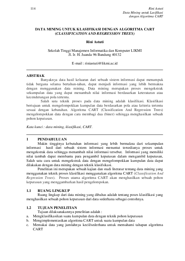 (PDF) Data Mining untuk Klasifikasi dengan Algoritma Cart (Classification and Regression Trees)